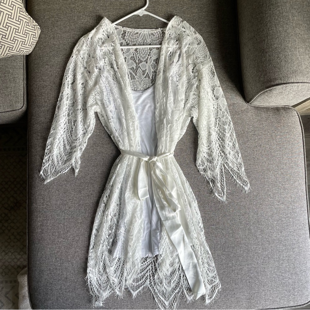 White Lace Bridal Robe With Slip - Gem